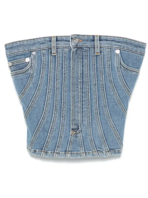 MUGLER Spiral Denim Bustier - Blue