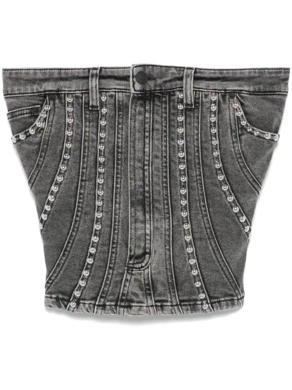 MUGLER Spiral Denim Studded Bustier - Black