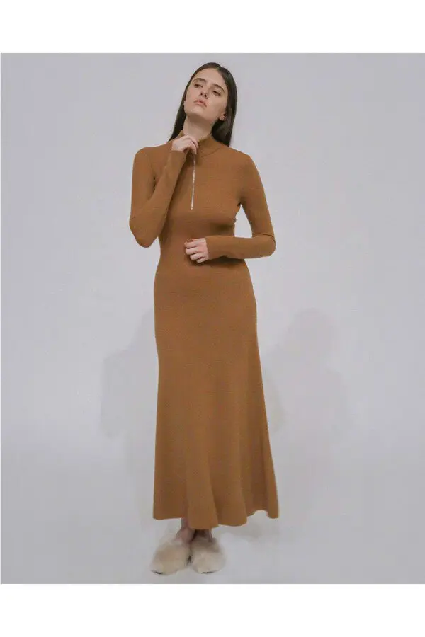 Rosetta Getty Ribbed Merino Wool Zip-up Turtleneck Dress - Brown