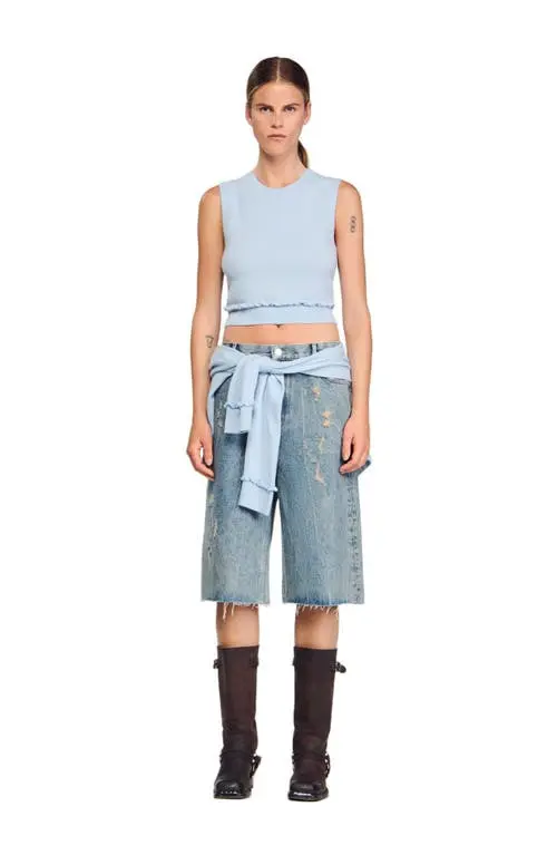 Sandro Ruffled Cropped Sweater - Sky Blue