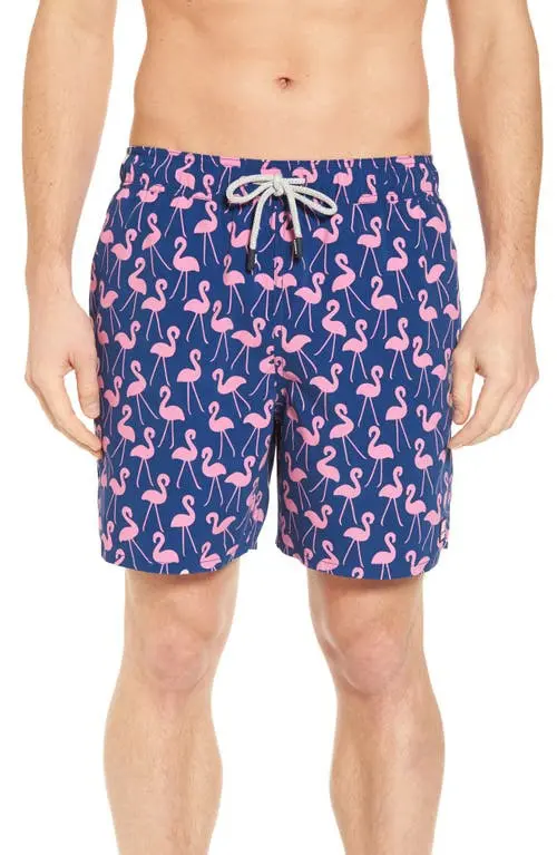 TOM & TEDDY Flamingo Print Swim Trunks - Rose & Blue