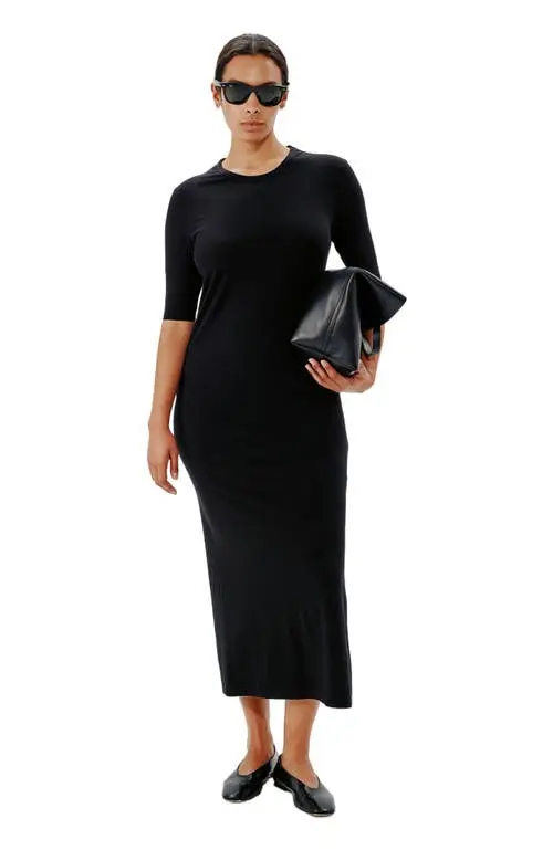 Another Tomorrow Elbow Sleeve Midi Dress - Black