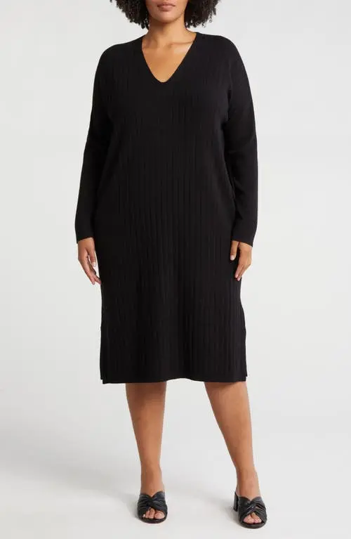 Caslon Long Sleeve Rib Sweater Dress In Black - 55% Off | Editorialist