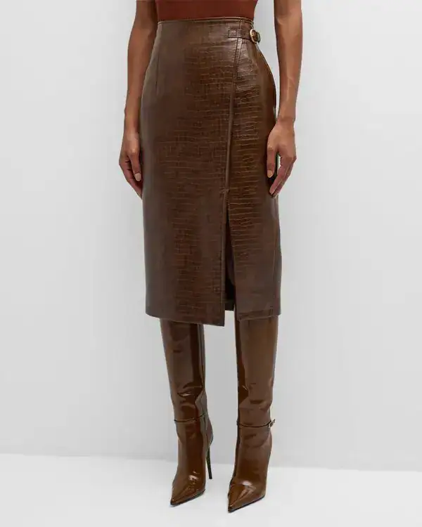 [RECTO] / ☆ 24FW LEONA CROCODILE EFFECT SLIT SKIRT / BROWN Recto Leona Crocodile-Effect Midi Skirt - Brown | Editorialist