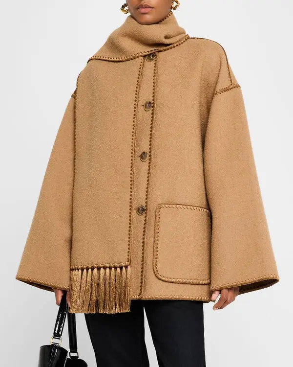 TOTÊME Fringe Embroidered Scarf Wool Jacket - Medium Brown