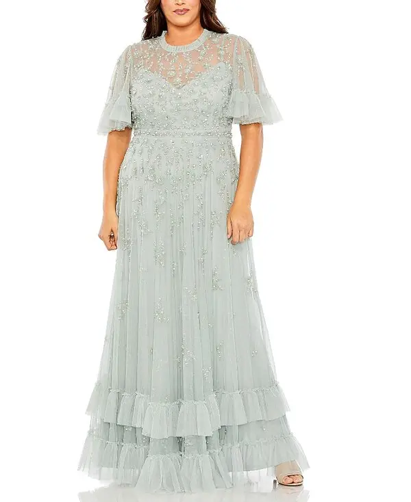 Mac Duggal Plus Ruffled Floral Embellished Flutter Sleeve A-line Gown - Sage
