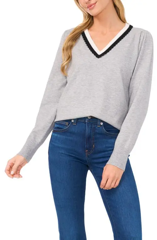 CECE DUPRAZ Scalloped Trim V-neck Pullover - Lt Hthr Grey