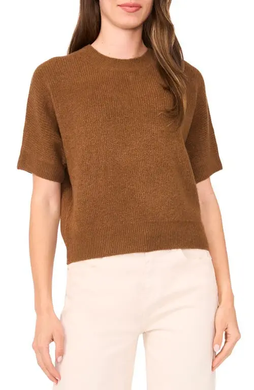 Halogen Short Sleeve Ribbed Crewneck Sweater - Rich Cognac