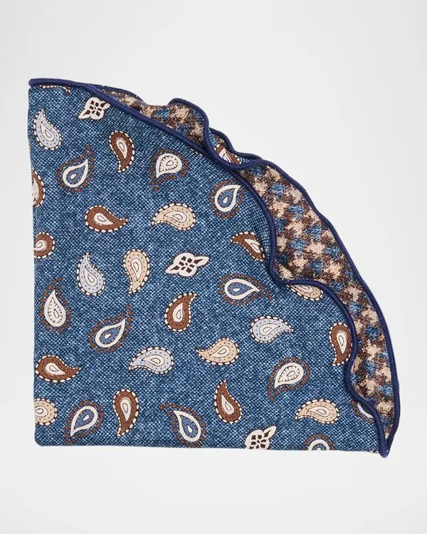 EDWARD ARMAH Silk Reversible Houndstooth And Paisley Pocket Round - Blue