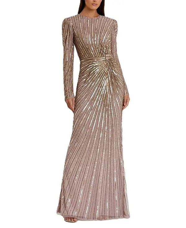 Mac Duggal Embellished Puff Sleeve Gown - Mocha