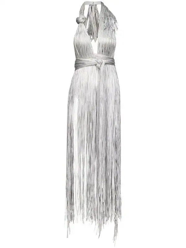 area metallic fringe dress One Shoulder Sleeveless Fringe Metallic Party Gold Maxi Dresses-S