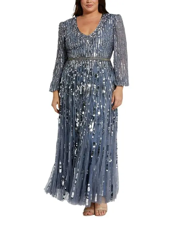 Mac Duggal Long Sleeve Beaded Crystal V-neck Gown