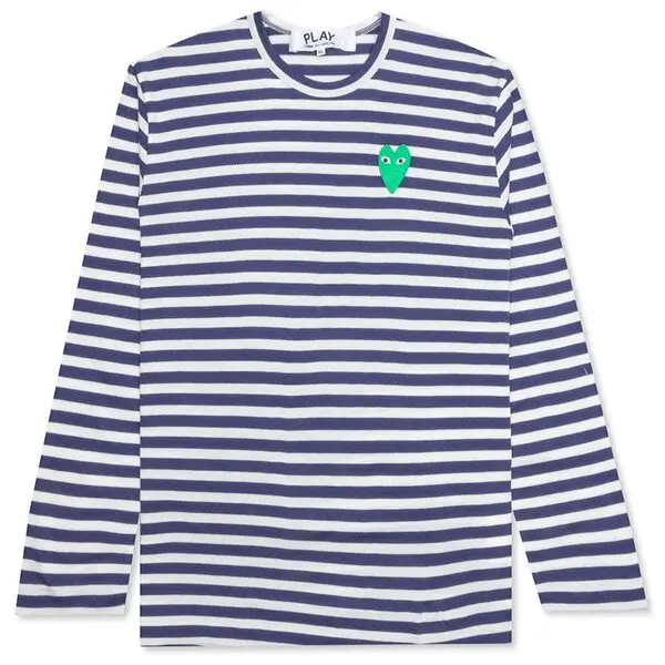 Play Comme Des Garcon Striped Long Sleeve T-shirt With Emblem - Navy Blue/white