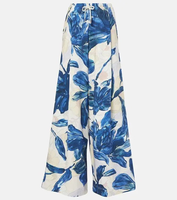 Dries Van Noten Floral Cotton Jersey Wide-Leg Sweatpants In Blue