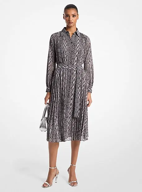 Michael Kors Snake Print Georgette Pleated Shirtdress