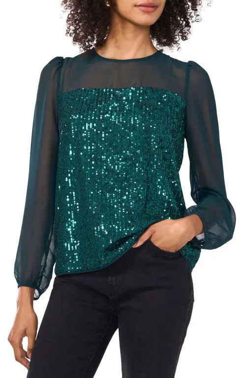Vince Camuto Long Sleeve Sequin & Mesh Top