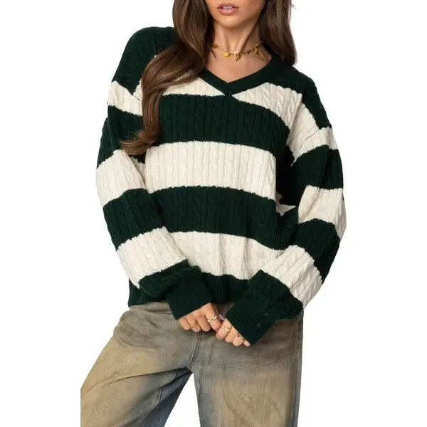 EDIKTED Stripe Oversized Cable Knit Sweater