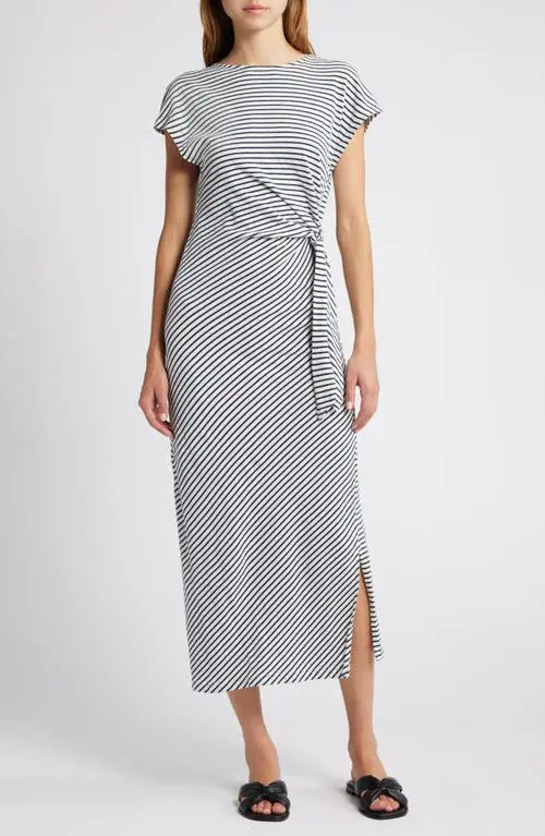 Rails Selah Tie Waist Midi Dress - Ivory Navy Micro Stripe