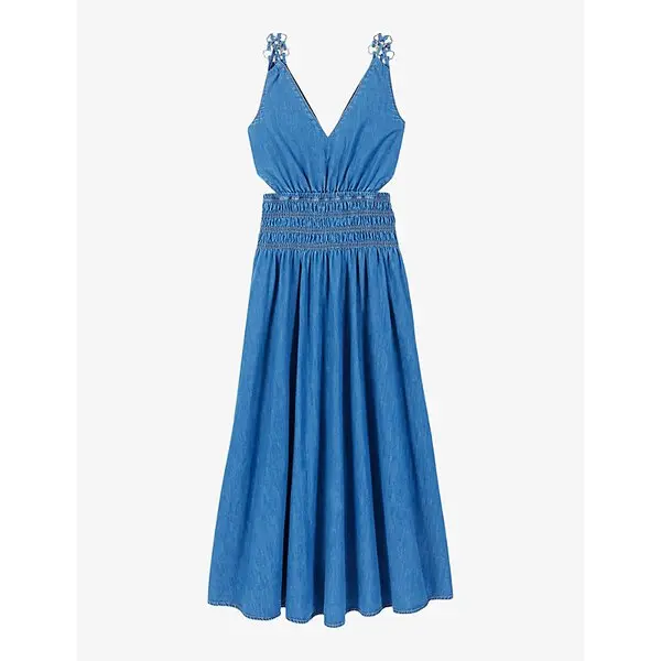 Maje Cut-out Smocked-waist Denim Maxi Dress