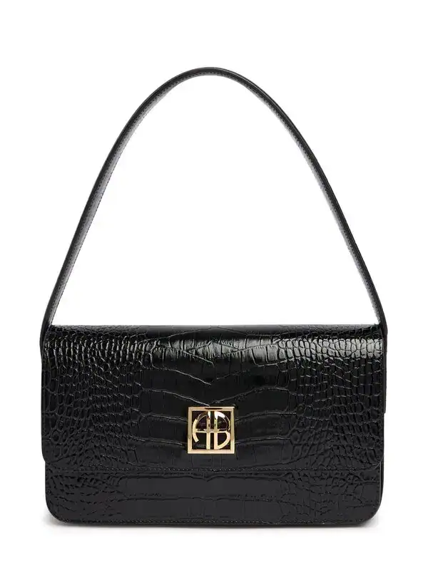 Anine Bing Elly Croc Embossed Shoulder Baguette Black 30% Off