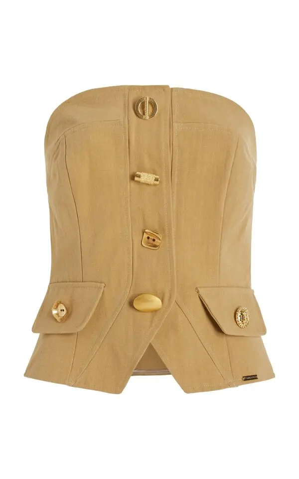 Françoise Strapless Gabardine Vest With Couture Buttons - Khaki