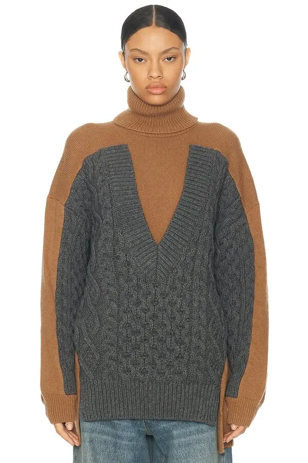 Stella McCartney Oversized Paneled Cable Turtleneck Sweater - Camel & Grey