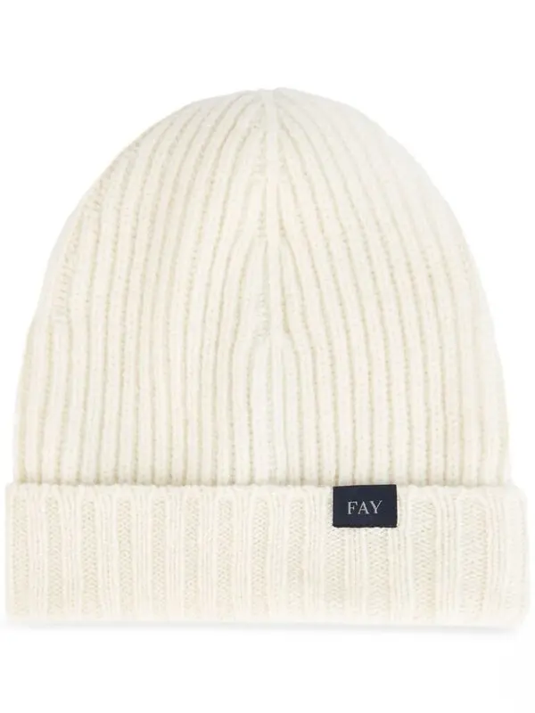 FAY Logo Appliqué Ribbed-knit Beanie - White