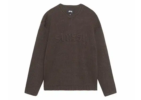 StüSsy Embroidered V-Neck Sweater - Brown | Editorialist