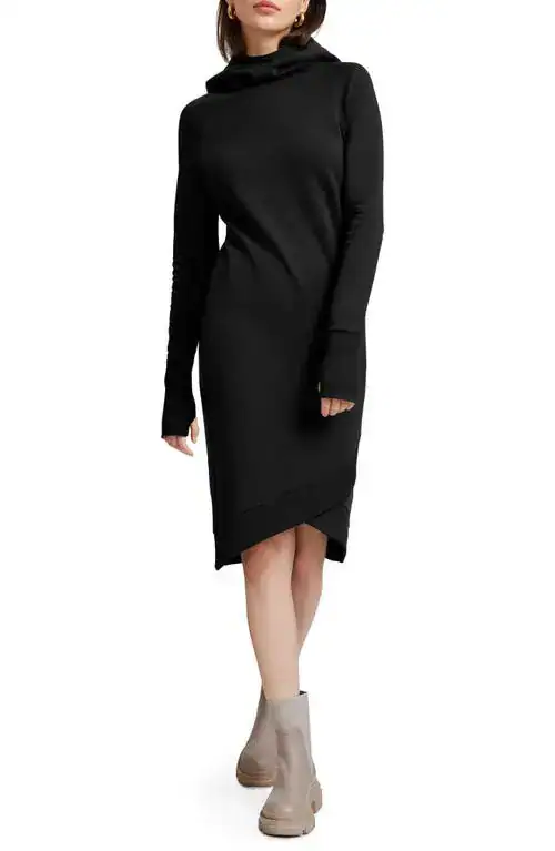 Marcella Walker Long Sleeve Hooded Sweatshirt Dress - Black | Editorialist