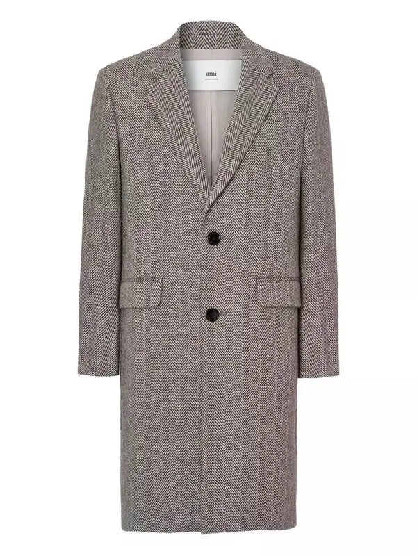 Ami Herringbone Overcoat - Brown