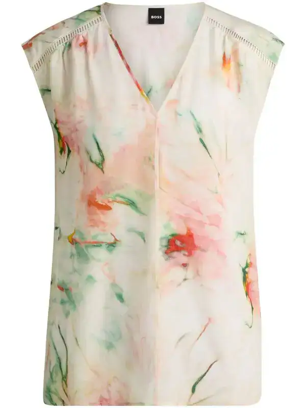 Hugo Boss Floral-Print Silk Blouse - Neutrals | Editorialist