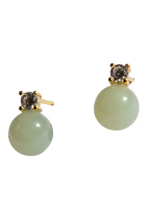 SEREE Esther Jade And Zircon Stud Earrings - Light Green