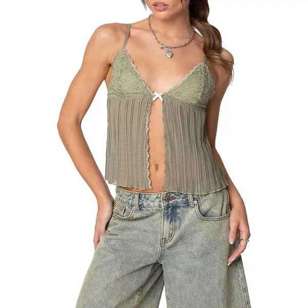 EDIKTED Pintuck Lace Camisole - Olive