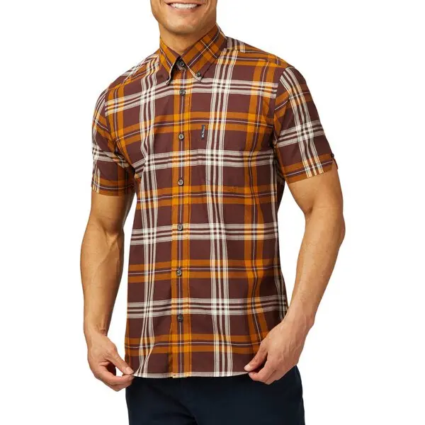 Ben Sherman Regular Fit Plaid Short Sleeve Button-down Shirt - Wine