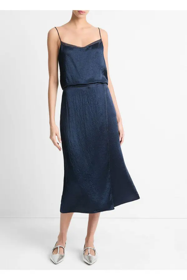 Vince Beaded-border Satin Slit Skirt