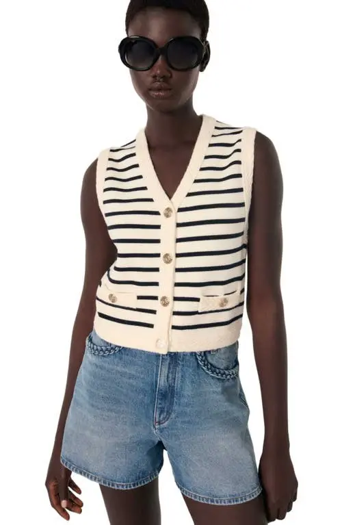 Maje Sleeveless Striped Knit Cardigan - Navy / Ecru