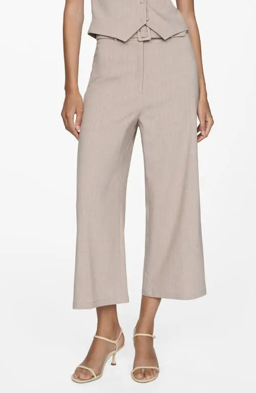 Mango Chalk Stripe Belted Crop Wide Leg Trousers