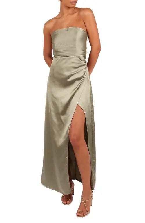 PETAL & PUP Kara Strapless Stretch Satin Gown - Olive