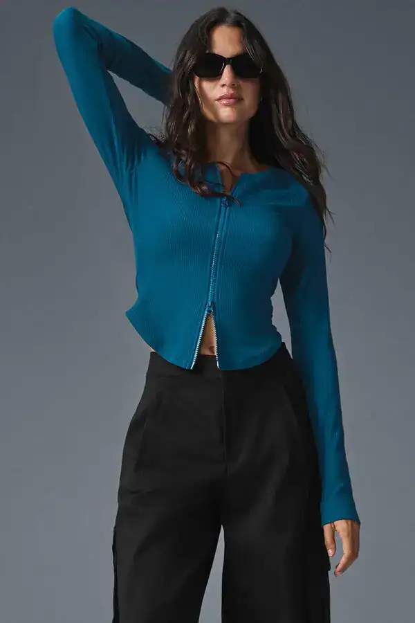 Alo Yoga Ribbed Stardust Long Sleeve Top - Eclipse Blue | Editorialist