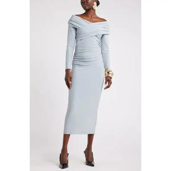 Nordstrom X Harlem'S Fashion Row Megan Renee Off-The-Shoulder Long Sleeve  Dress In Blue Fog - 55% Off | Editorialist