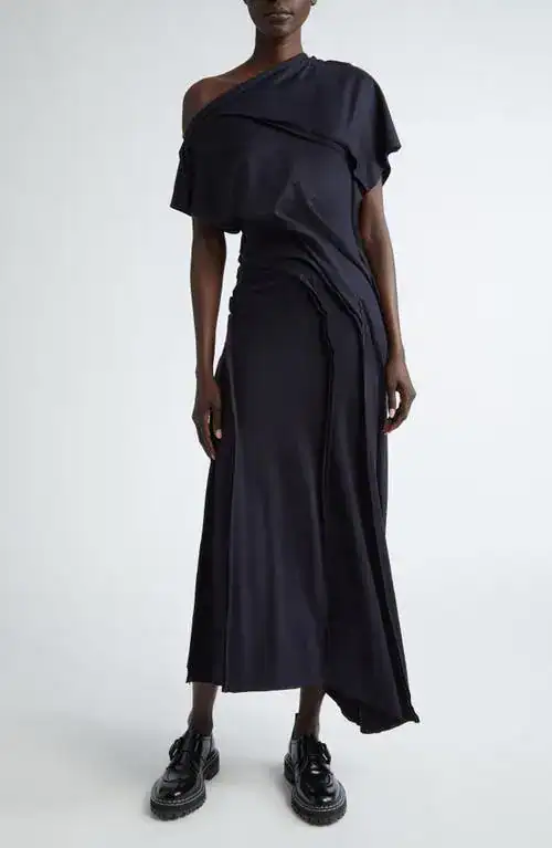 Jason Wu One-Shoulder Asymmetric Draped Wool Jersey Midi Dress In Navy -  75% Off | Editorialist