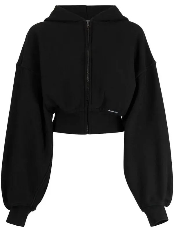 Alexander Wang Branded Seam Label Cropped Zip Up Hoodie - Faded Black