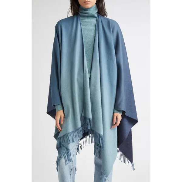 Johnstons Of Elgin Ombré Fringe Trim Cashmere Cape - Seascape /navy