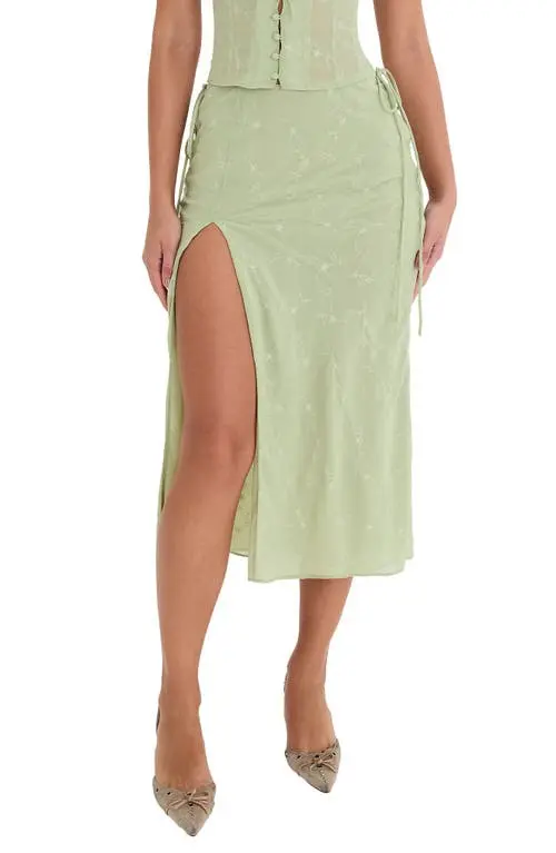 MISTRESS ROCKS Embroidered Thigh Split Midi Skirt