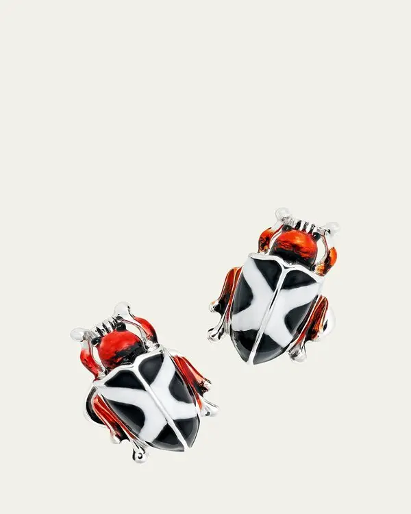 JAN LESLIE Hand-painted Enamel Beetle Cufflinks - Red/black