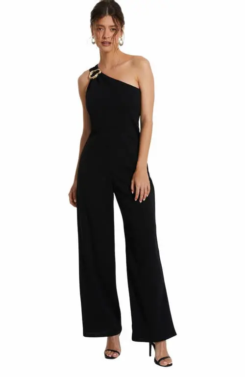 QUIZ One-shoulder Scuba Crepe Jumpsuit With Gold Buckle - Black
