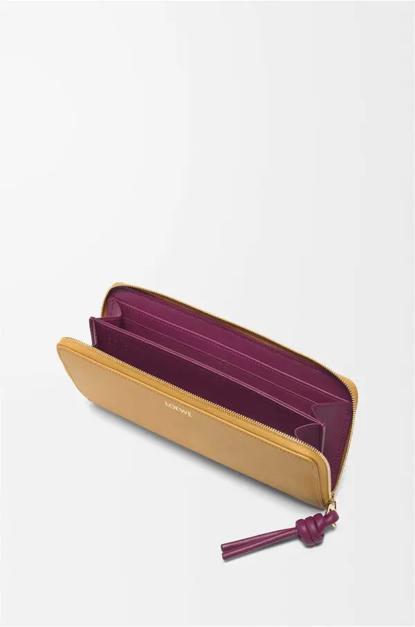 Loewe Knot Zip Around Wallet In Shiny Nappa Leather Skin - Sahara/crimson