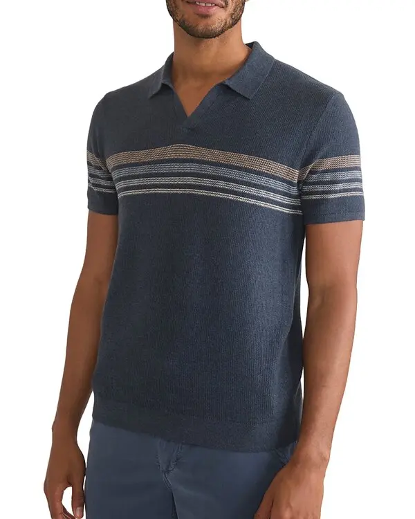 Marine Layer Liam Cotton, Nylon & Wool Stripe Sweater Knit Open Collar Polo Shirt - Navy