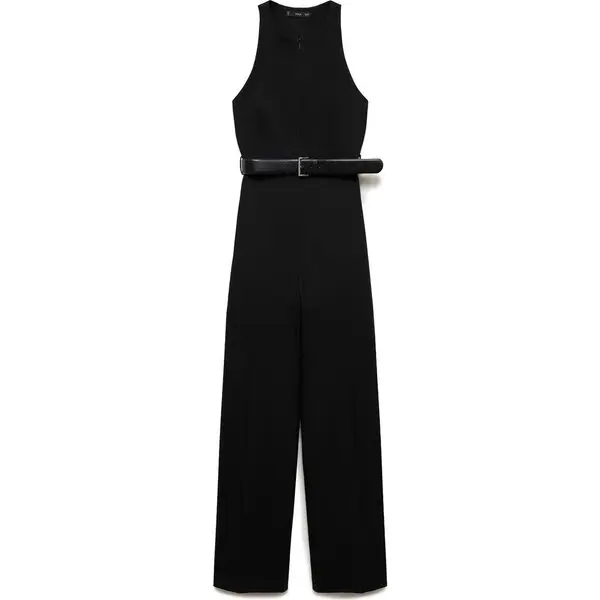 Mango Front Zip Belted Jumpsuit - Black