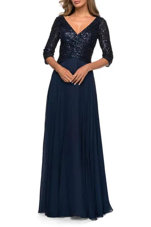 LABOMME Long Chiffon Evening Gown With Sequined Bodice